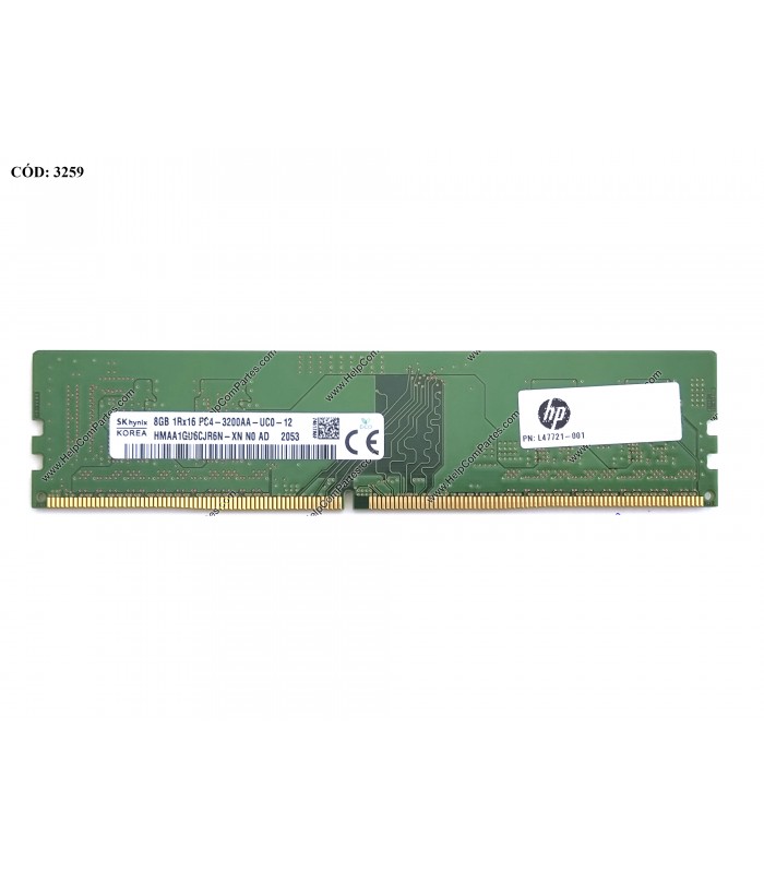 MEMORIA HP 8GB DDR4 3200MHZ UDIMM Non-ECC 1.2V CL22 288PIN PC L47721-001 HMAA1GU6CJR6N-XN