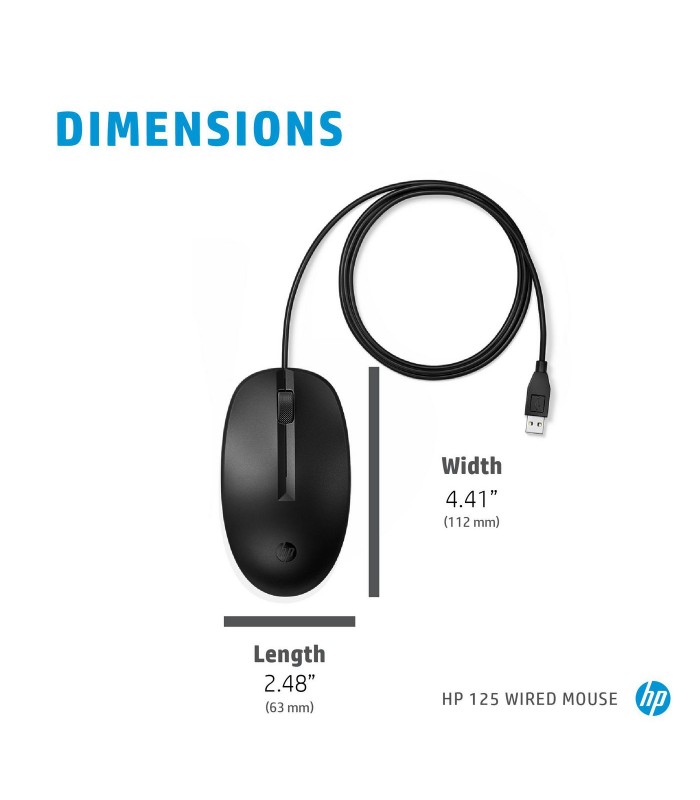 MOUSE HP 125 USB-A ALAMBRICO / BK /OPTICO/ 3BOTONES/1200DPI/ PC /1.8M ...